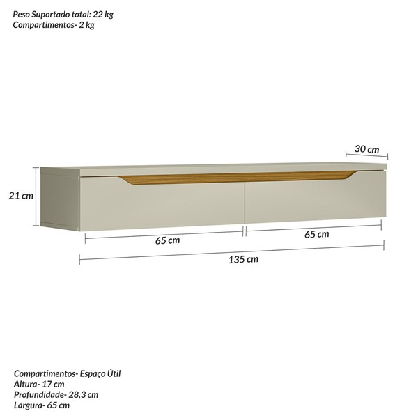 Rack para TV Até 50 Polegadas Suspenso Uno 2 Portas Off White/Cedro/Freijó - Olivar Móveis
