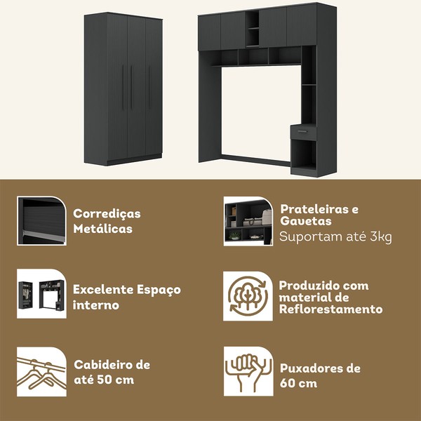 Guarda-Roupa Casal Modulado Lugano 7 Portas 3 Gavetas Grafite - Hecol ...