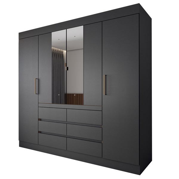 Guarda-Roupa Casal Honey 4 Portas 6 Gavetas com Espelho Preto/Amêndola ...