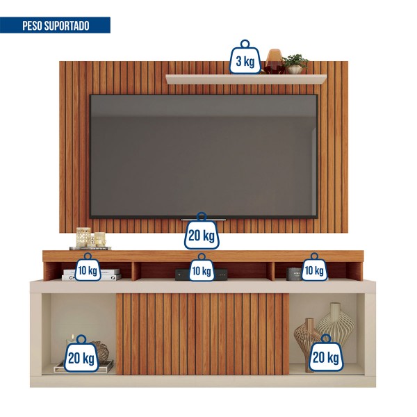 Rack com Painel para TV Até 65 Polegadas New Oscar 2 Portas Ripado Freijo/Off White - Caemmun
