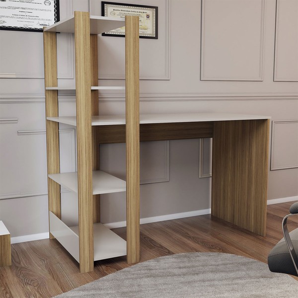 Mesa Escrivaninha Home Office 3 Prateleiras Off White/Carvalho ...